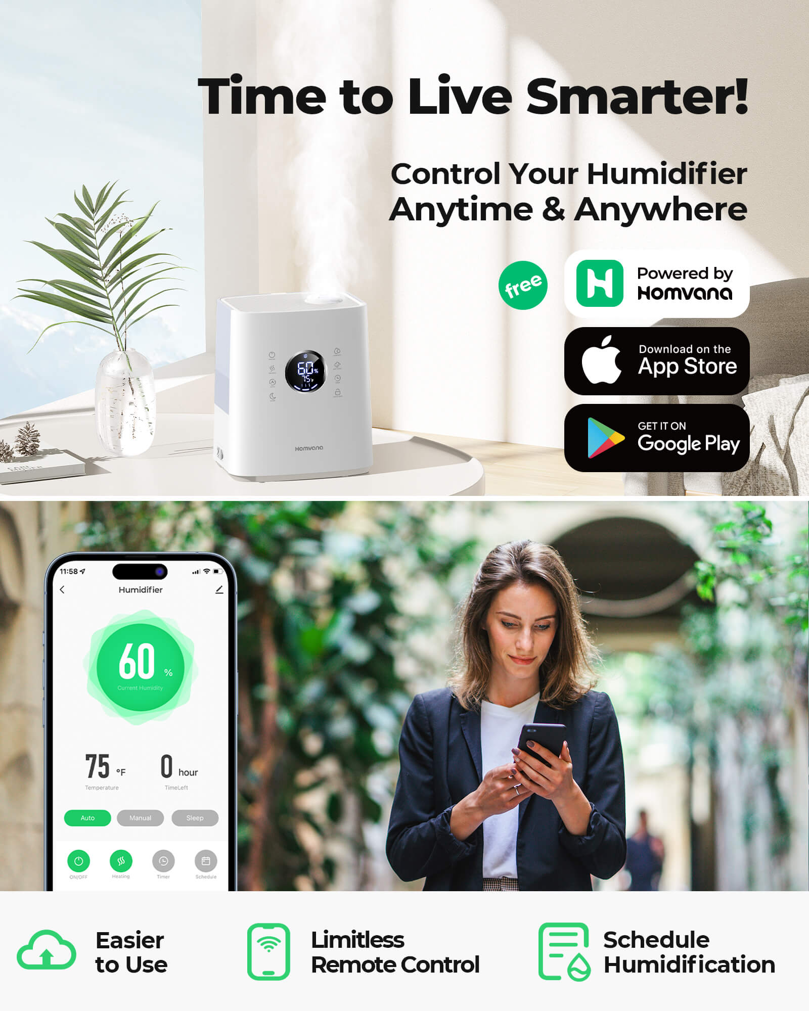 Homvana Smart Humidifier For Bedroom Large Room, 6.5 L Warm & Cool Mist ...