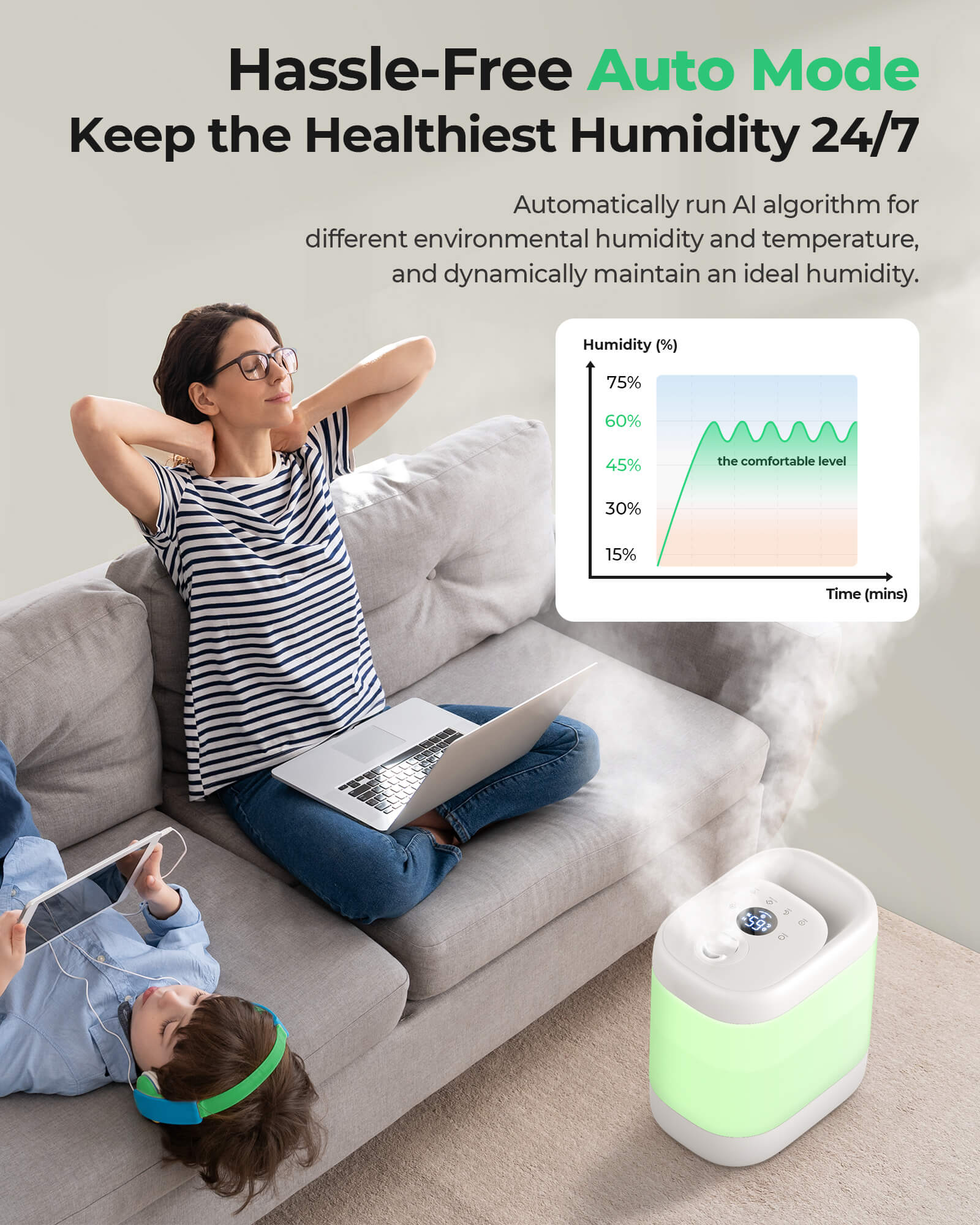 Cool Mist Humidifiers Homvana H102, Air Humidifier Large Room, 40H Runtime