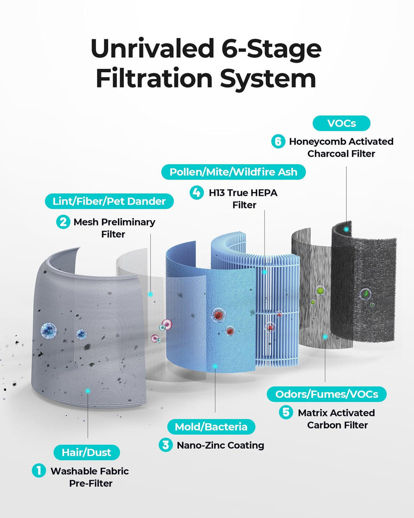 Homvana H201 Air Purifier, True Hepa Level 6 Filter, 360° Filtration ...